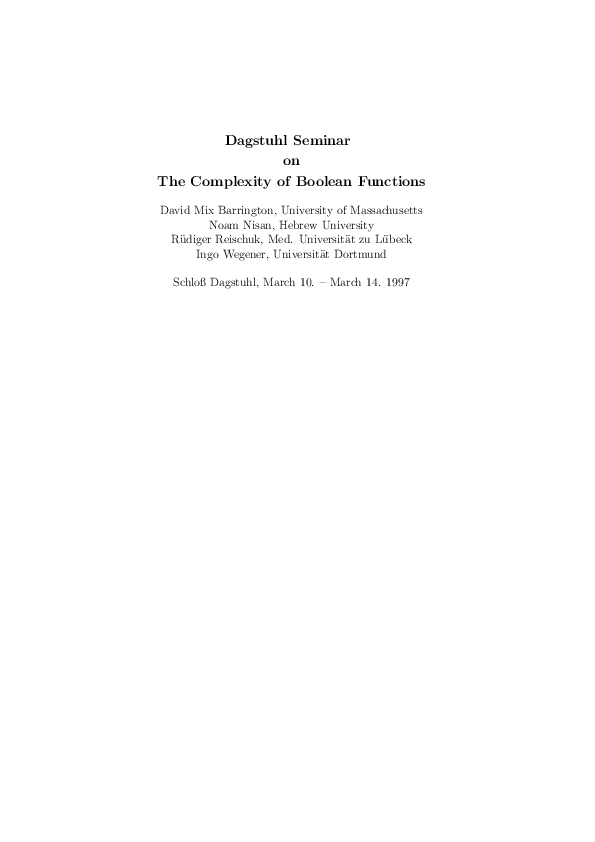 Pdf Dagstuhl Seminar On The Complexity Of Boolean Functions David M Barrington