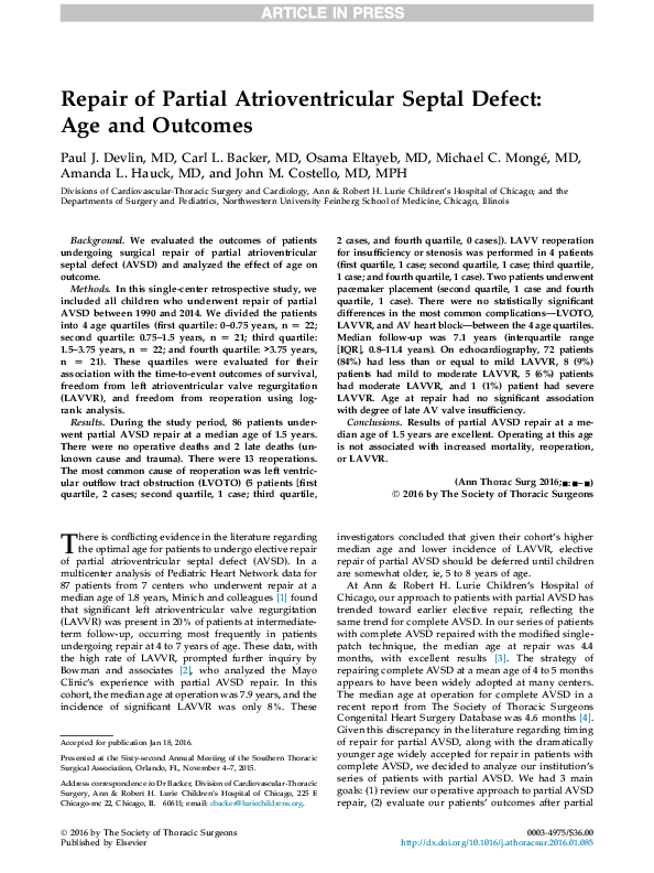 (PDF) Repair of partial atrioventricular septal defect in children less ...