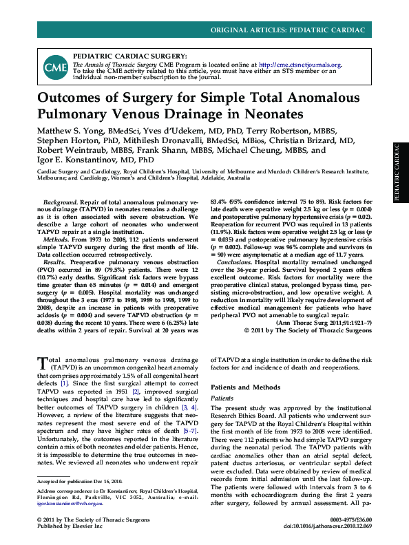 (PDF) Outcomes of Surgery for Simple Total Anomalous Pulmonary Venous ...