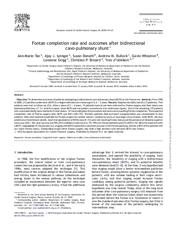 (PDF) Fontan completion rate and outcomes after bidirectional cavo ...