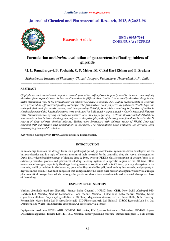 Pdf Formulation And Invitro Evaluation Of Gastroretentive Floating Tablets Of Glipizide