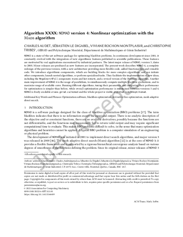 (PDF) Algorithm XXXX: NOMAD version 4: Nonlinear optimization with the Mads algorithm