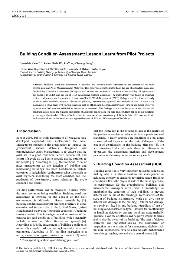 (PDF) Building Condition Assessment: Lesson Learnt from Pilot Projects
