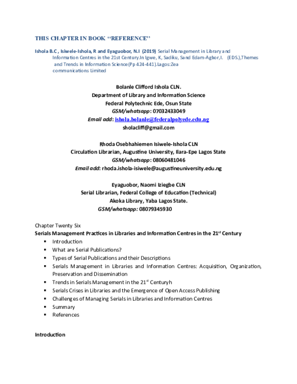 (DOC) Serials Management Practices in Libraries and Information Centres ...