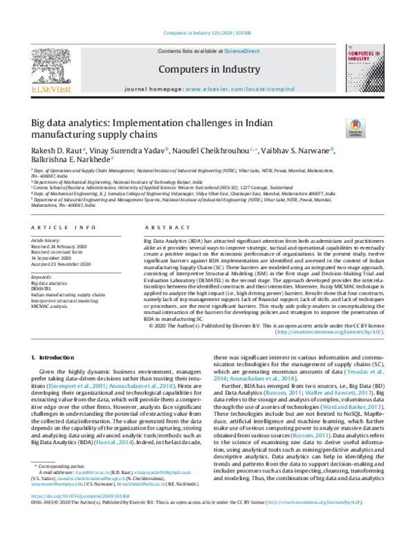 (PDF) Big data analytics: Implementation challenges in Indian manufacturing supply chains
