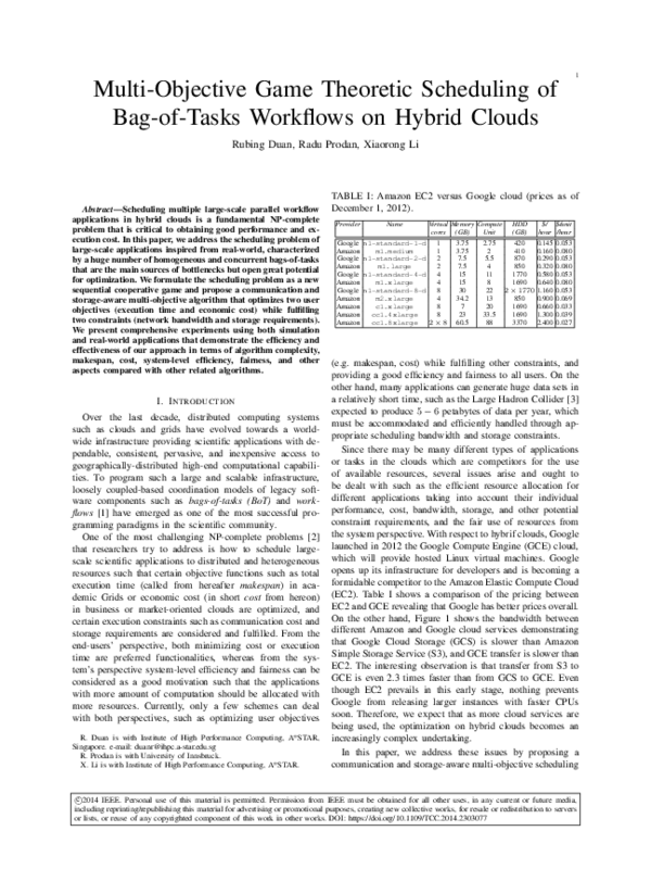 (PDF) Multi-Objective Game Theoretic Schedulingof Bag-of-Tasks Workflows on Hybrid Clouds