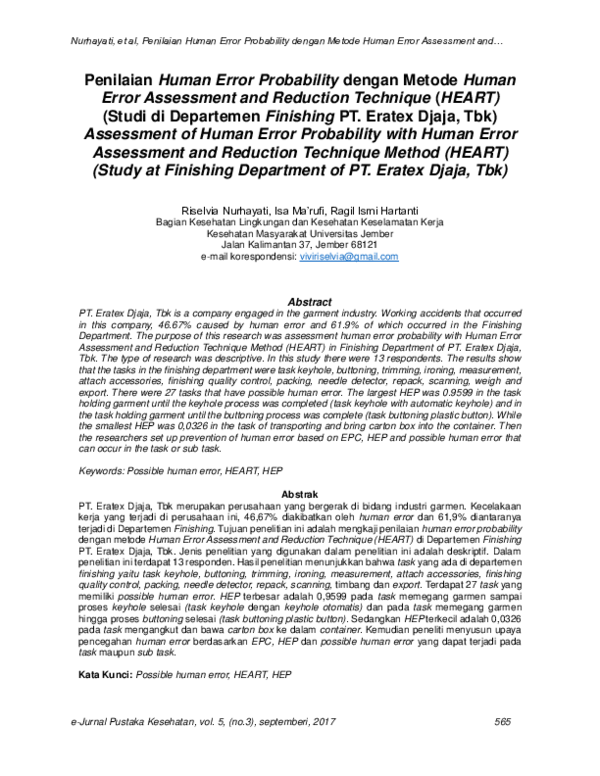 (PDF) PENILAIAN HUMAN ERROR PROBABILITY DENGAN METODE HUMAN ERROR ASSESSMENT AND REDUCTION ...