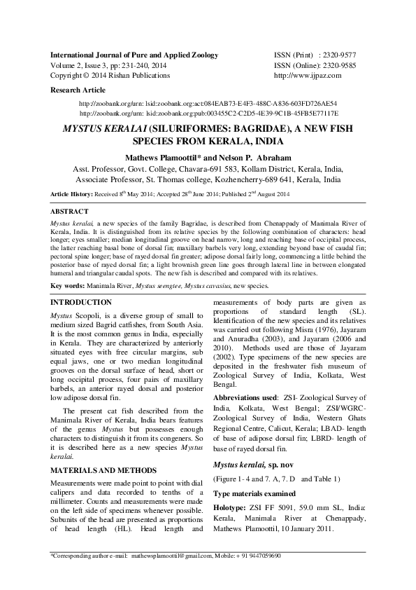 (PDF) Mystus Keralai (Siluriformes: Bagridae), A New Fish Species from ...