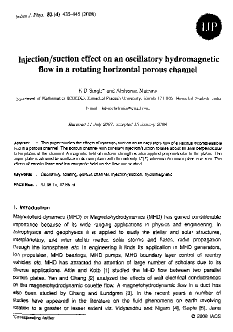 (PDF) Injection/Suction Effect on an Oscillatory Hydromagnetic Flow in ...