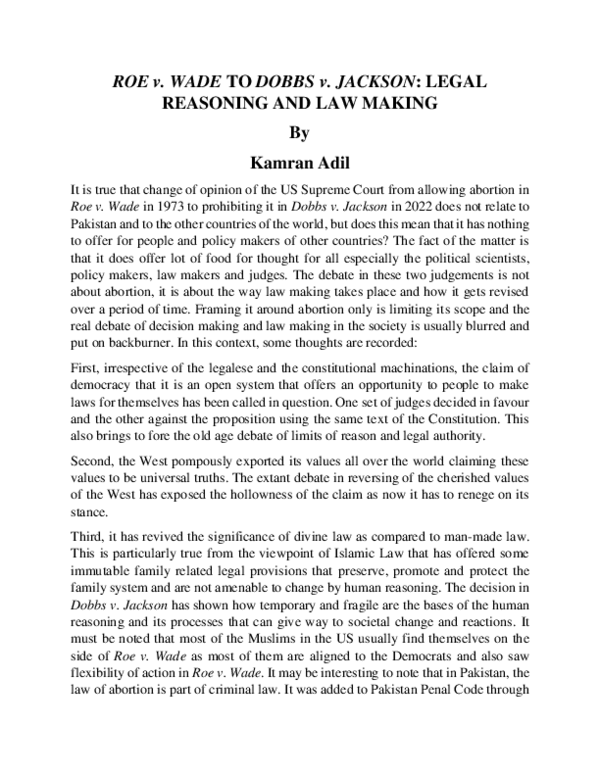 (PDF) Legal Reasoning in Roe v. Wade and Dobbs v. Jackson