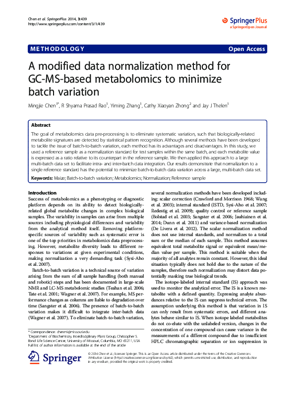 Pdf A Modified Data Normalization Method For Gc Ms Based Metabolomics