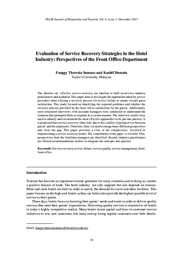 (PDF) Evaluation of Service Recovery Strategies in the Hotel Industry ...