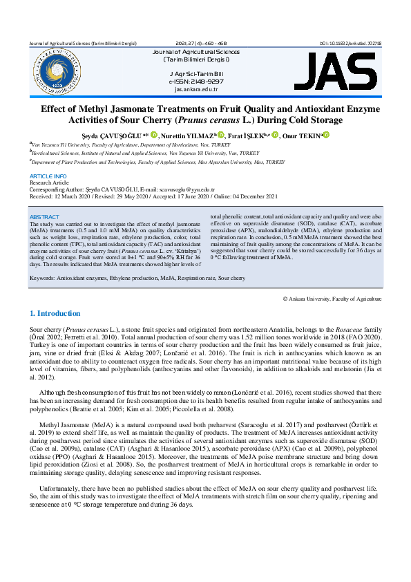 (PDF) Effect of Methyl Jasmonate Treatments on Fruit Quality and Antioxidant Enzyme Activities ...