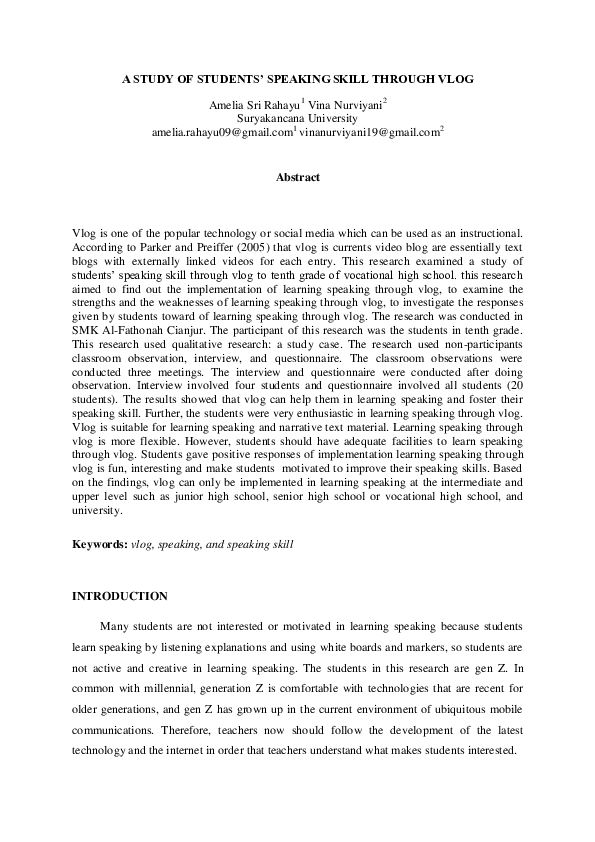 (PDF) A Study of Students’ Speaking Skill Through Vlog