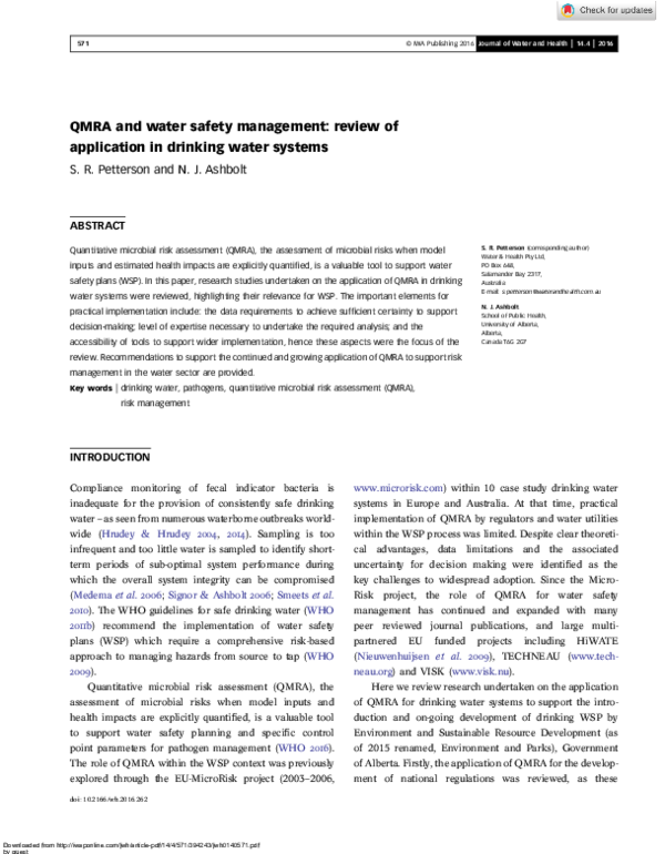 (PDF) QMRA and water safety management: review of application in ...