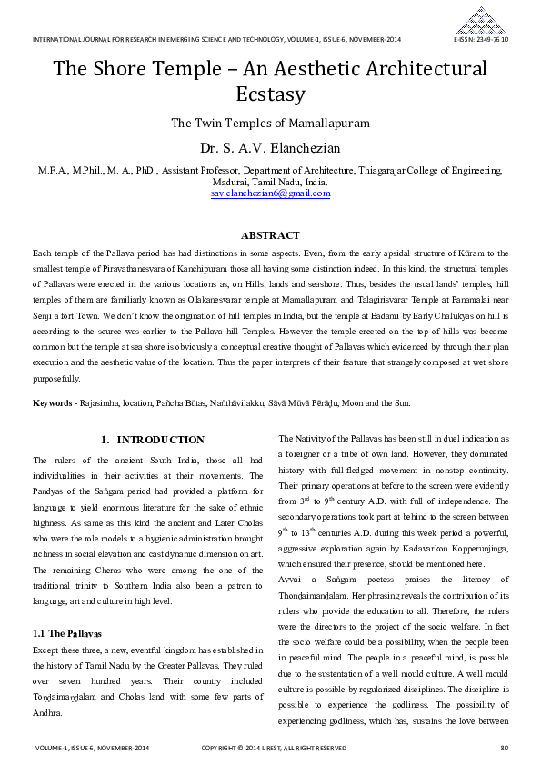 (PDF) The Shore Temple – An Aesthetic Architectural Ecstasy The Twin Temples of Mamallapuram