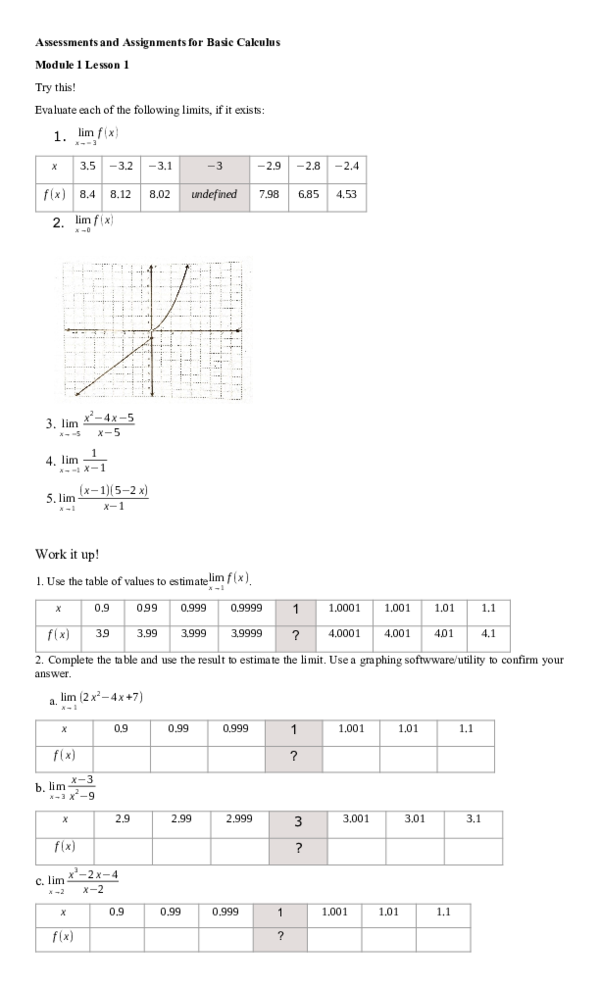 (DOC) Assessments and Assignments for Basic Calculus Module 1 Lesson 1 ...