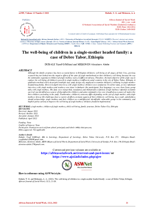 (PDF) The well-being of children in a single-mother headed family: a ...