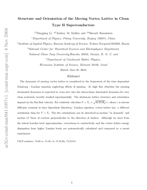 (PDF) Structure and orientation of the moving vortex lattice in clean ...