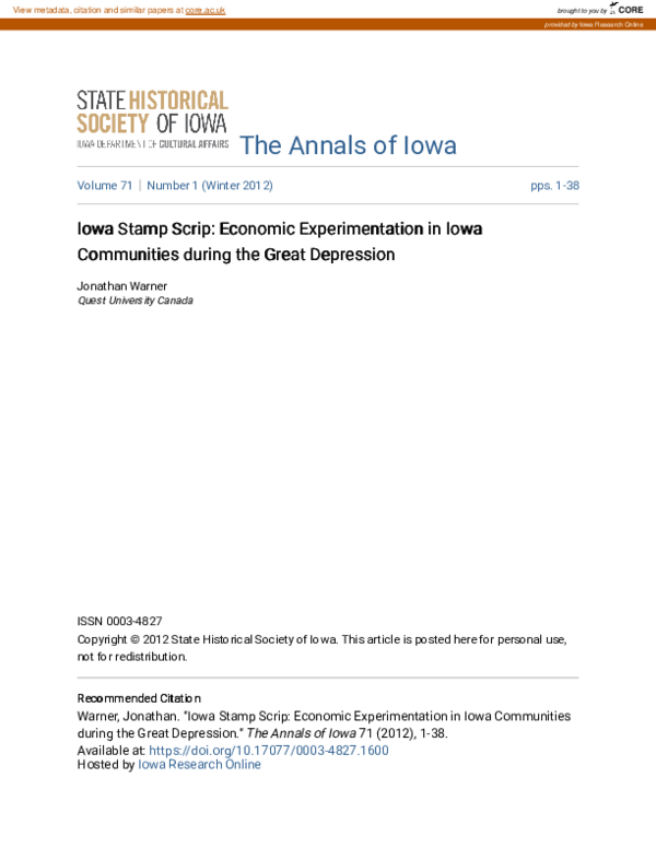 (PDF) Iowa Stamp Scrip: Economic Experimentation in Iowa Communities ...
