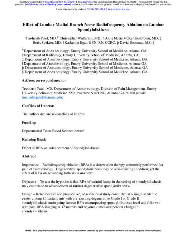 (PDF) Effect of Lumbar Medial Branch Nerve Radiofrequency Ablation on ...