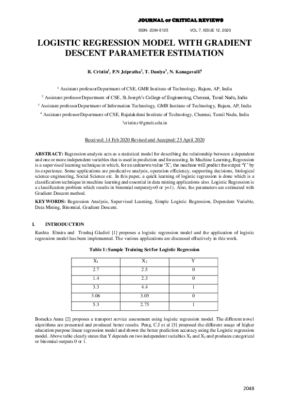 (PDF) LOGISTIC REGRESSION MODEL WITH GRADIENT DESCENT PARAMETER ESTIMATION | Kanagavalli N ...