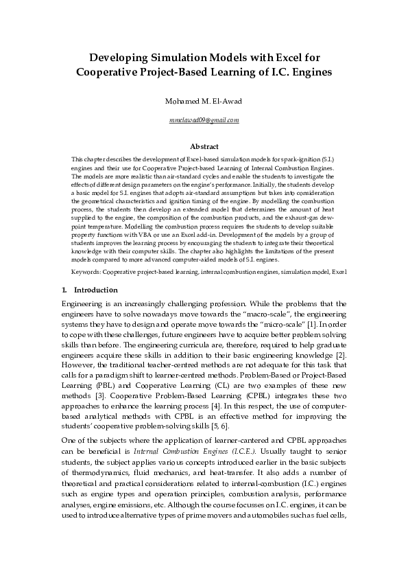 (PDF) Developing Simulation Models with Excel for Cooperative Project-Based Learning of I.C. Engines