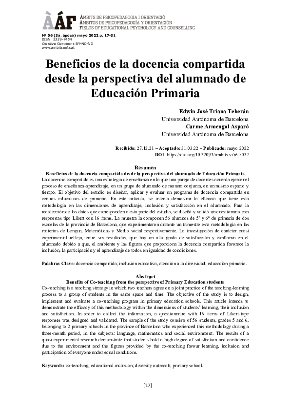 (PDF) Beneficios de la docencia compartida desde la perspectiva del ...