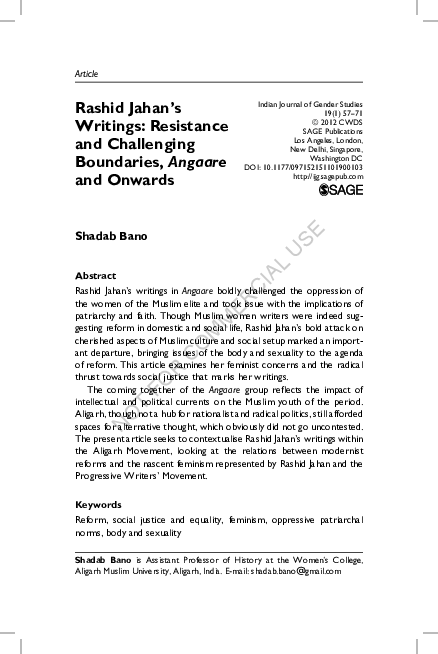 (PDF) Rashid Jahan's Writings: Resistance and Challenging Boundaries ...