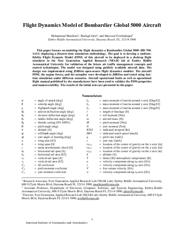 (PDF) Flight Dynamics Model of Bombardier Global 5000 Aircraft