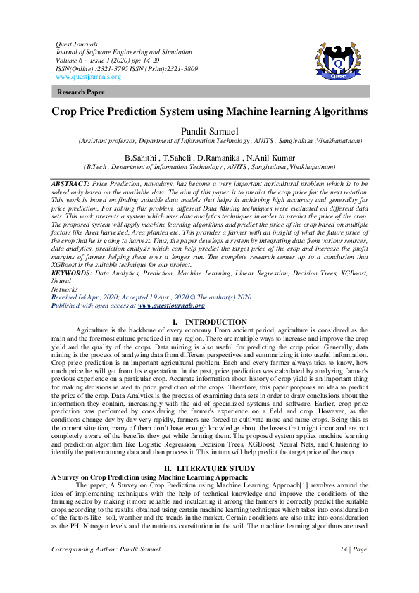 (PDF) Crop Price Prediction System using Machine learning Algorithms
