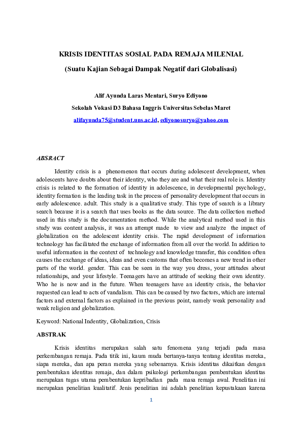(DOC) KRISIS IDENTITAS SOSIAL PADA REMAJA MILENIAL (Suatu Kajian ...