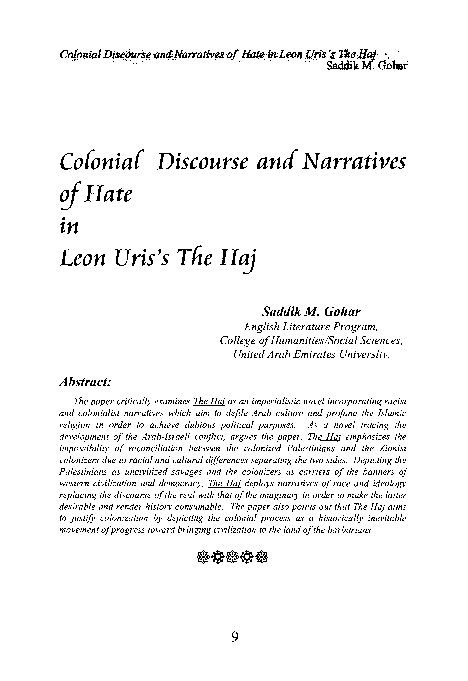 (PDF) Colonial Discourse and Narratives of Hate in Leon Uris's The Haj ...