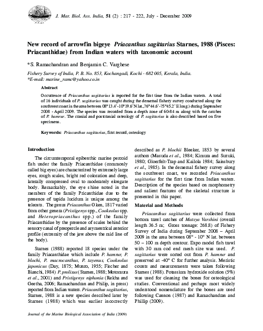 (PDF) New record of arrowfin bigeye Priacanthus sagittarius Starnes ...