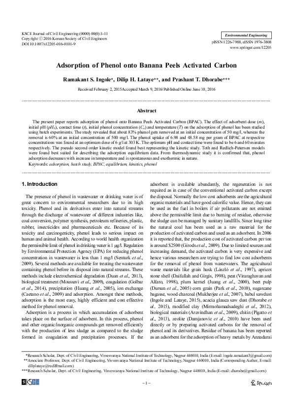 (PDF) Adsorption of phenol onto Banana Peels Activated Carbon