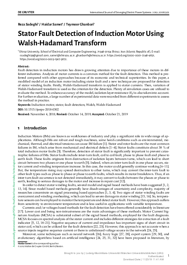 Pdf Stator Fault Detection Of Induction Motor Using Walsh Hadamard Transform
