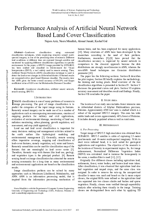 (PDF) Performance Analysis Of Artificial Neural Network Based Land Cover Classification