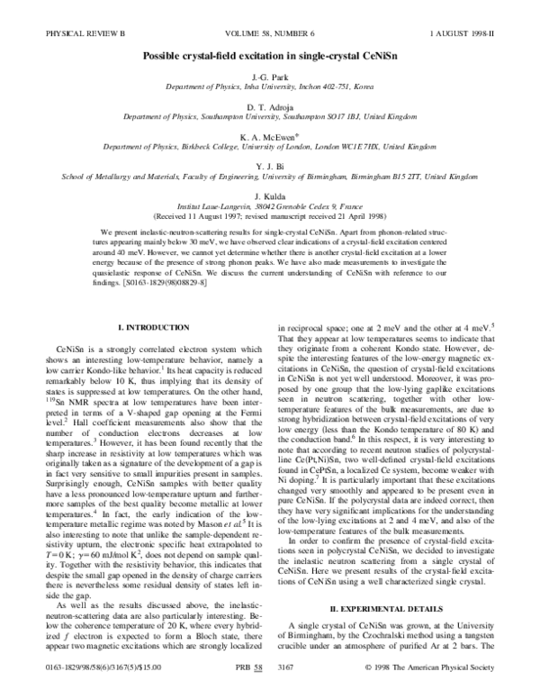 (PDF) Possible crystal-field excitation in single-crystal CeNiSn