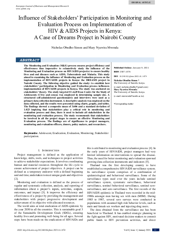 Pdf Influence Of Stakeholders Participation In Monitoring And Evaluation Process On