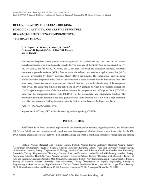(PDF) DFT calculation, molecular docking, biological activity and crystal structure of (E)-2-((4 ...