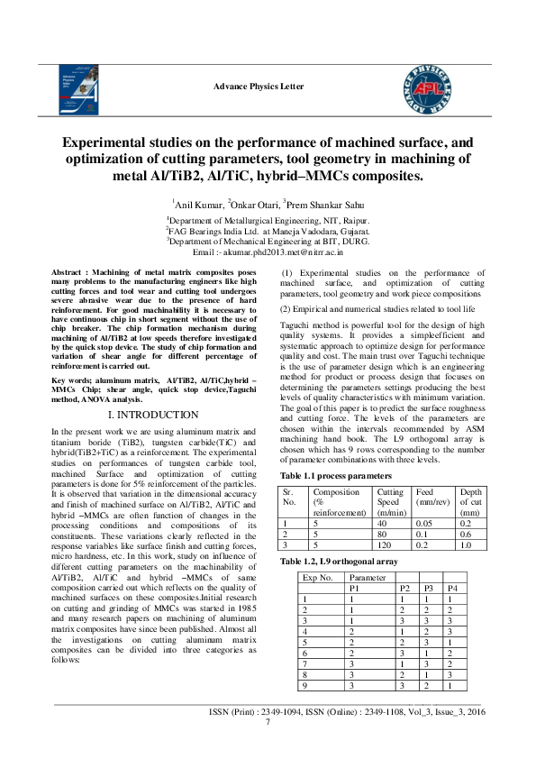 (PDF) Experimental studies on the performance of machined surface, and optimization of cutting ...
