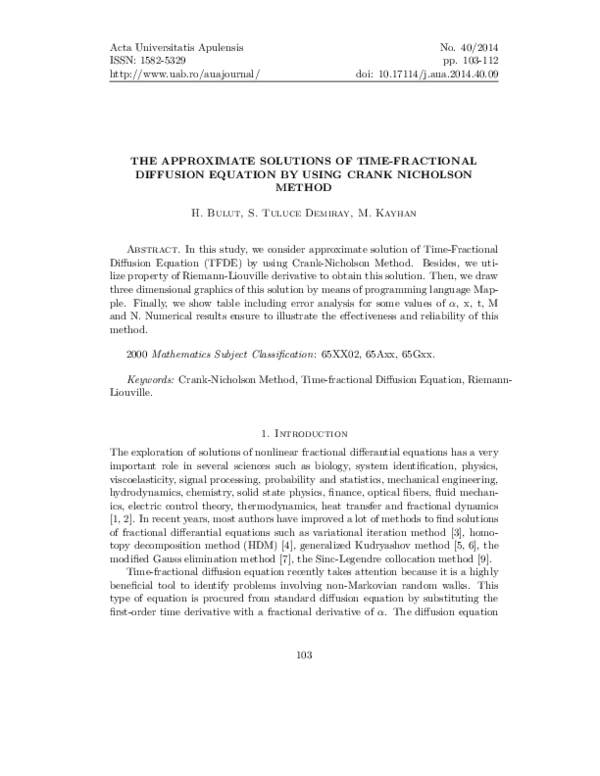 (PDF) The APPROXIMATE SOLUTIONS OF TIME-FRACTIONAL DIFFUSION EQUATION ...