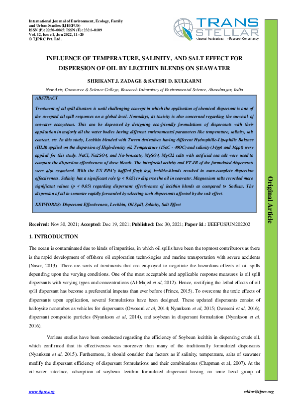 (PDF) INFLUENCE OF TEMPERATURE, SALINITY, AND SALT EFFECT FOR ...