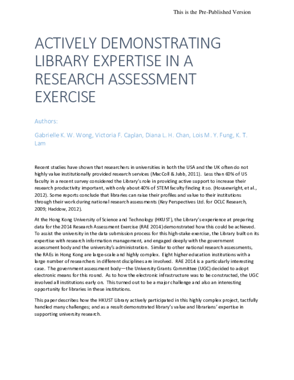 (PDF) Actively demonstrating library expertise in a research assessment ...