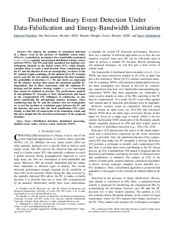Pdf Distributed Binary Event Detection Under Data Falsification And Energy Bandwidth