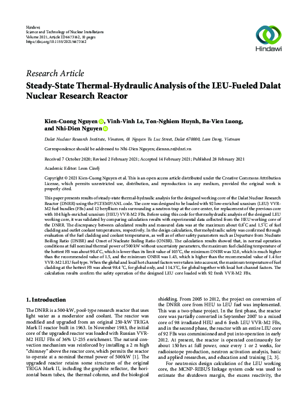 Pdf Steady State Thermal Hydraulic Analysis Of The Leu Fueled Dalat Nuclear Research Reactor