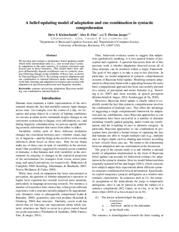 Pdf A Belief Updating Model Of Adaptation And Cue Combination In Syntactic Comprehension