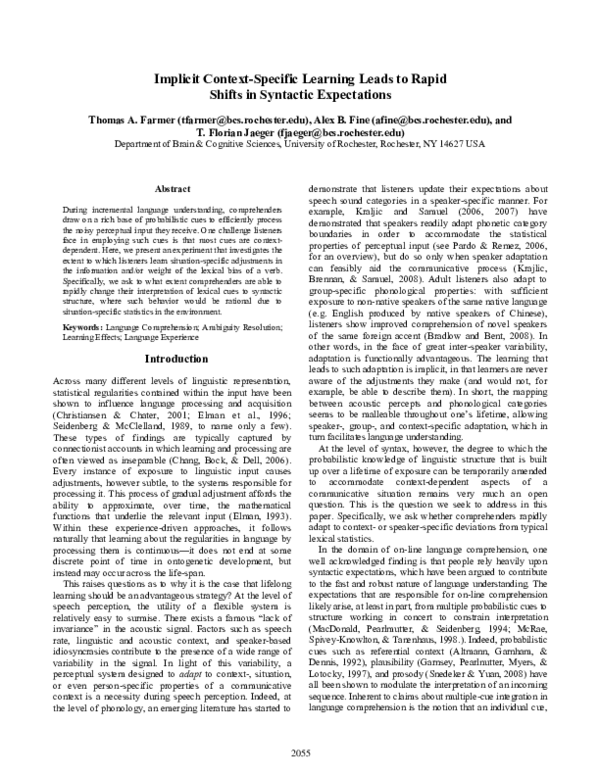 Pdf Implicit Context Specific Learning Leads To Rapid Shifts In Syntactic Expectations