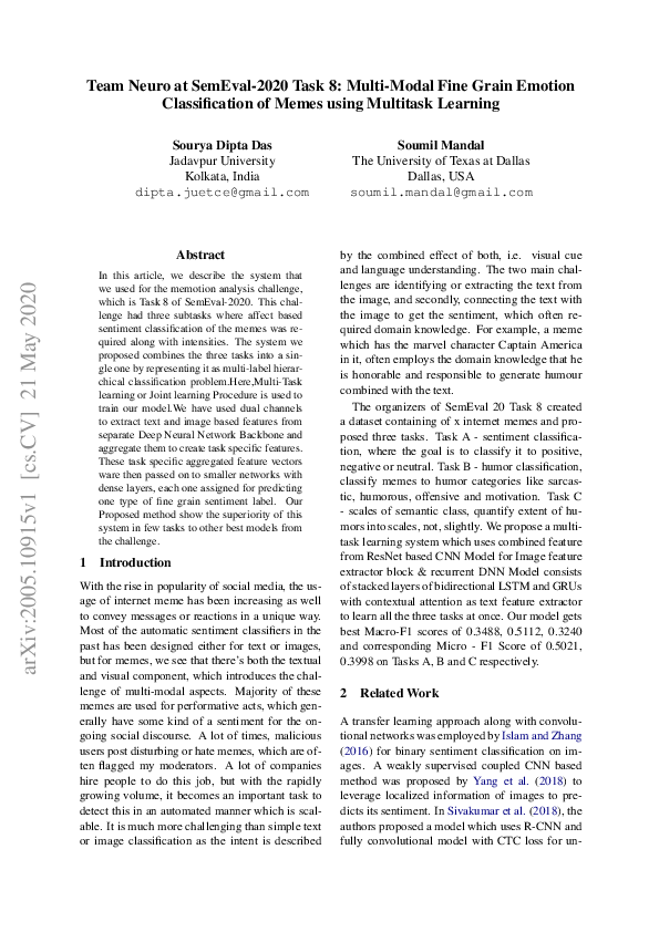 (PDF) Team Neuro at SemEval-2020 Task 8: Multi-Modal Fine Grain Emotion Classification of Memes ...