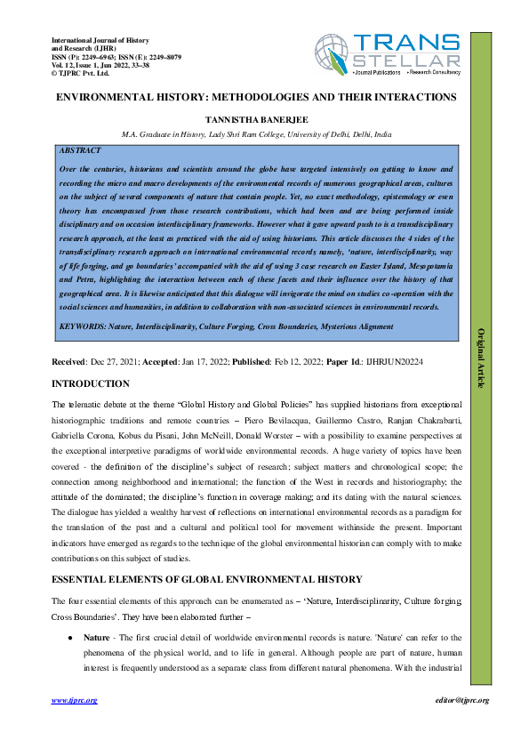(PDF) ENVIRONMENTAL HISTORY: METHODOLOGIES AND THEIR INTERACTIONS